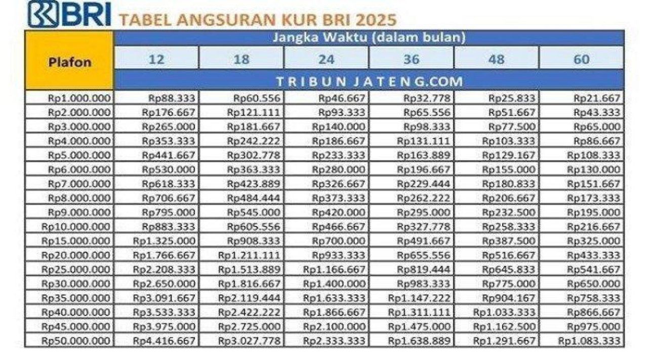Terbaru! Tabel Angsuran KUR BRI 2025 Plafon Rp100-Rp500 Juta, Cek Cicilan Terendah
